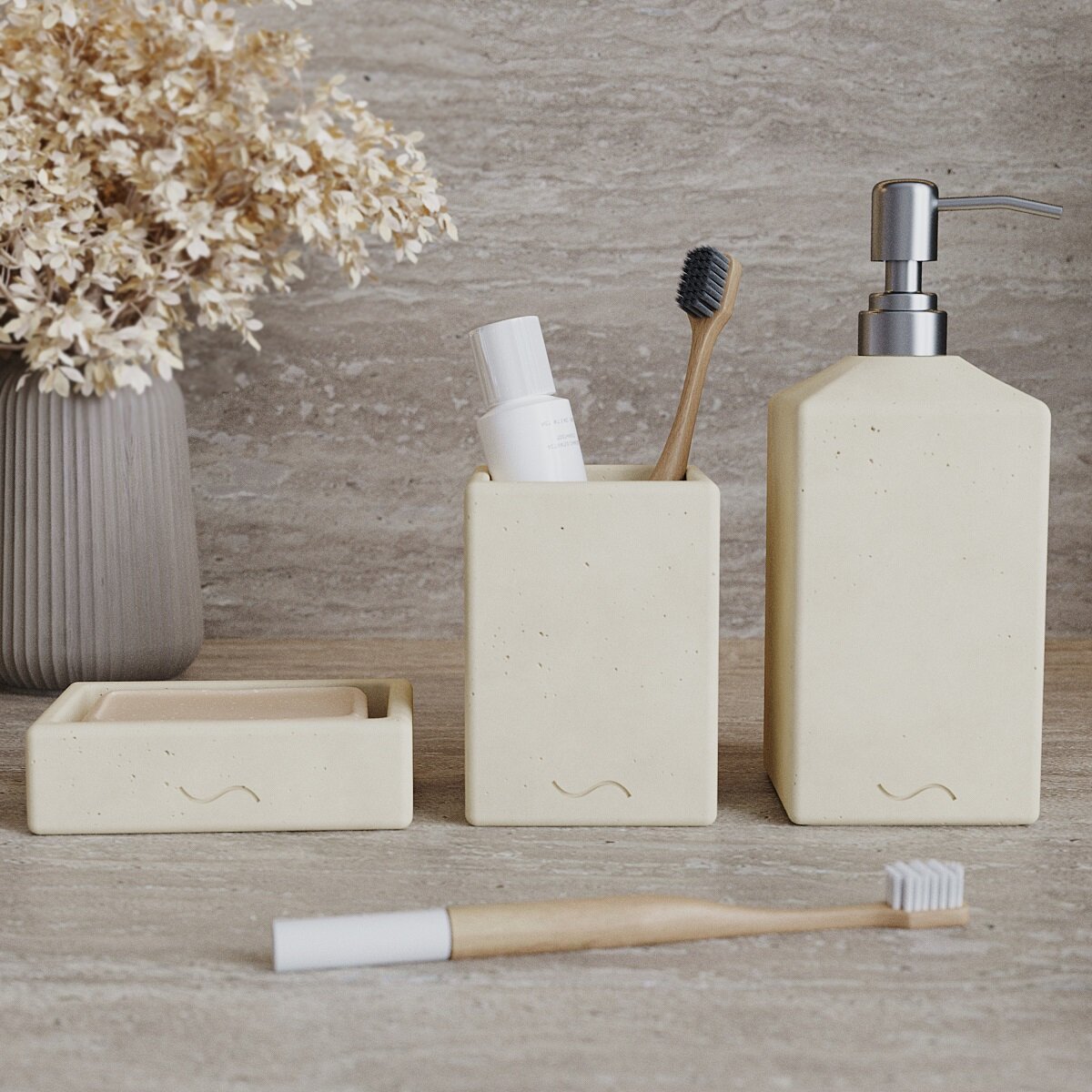 Набор для ванной Emily 10 (дозатор с металлической помпой, стакан для зубных щеток и мыльница), бетон, кремовый матовый