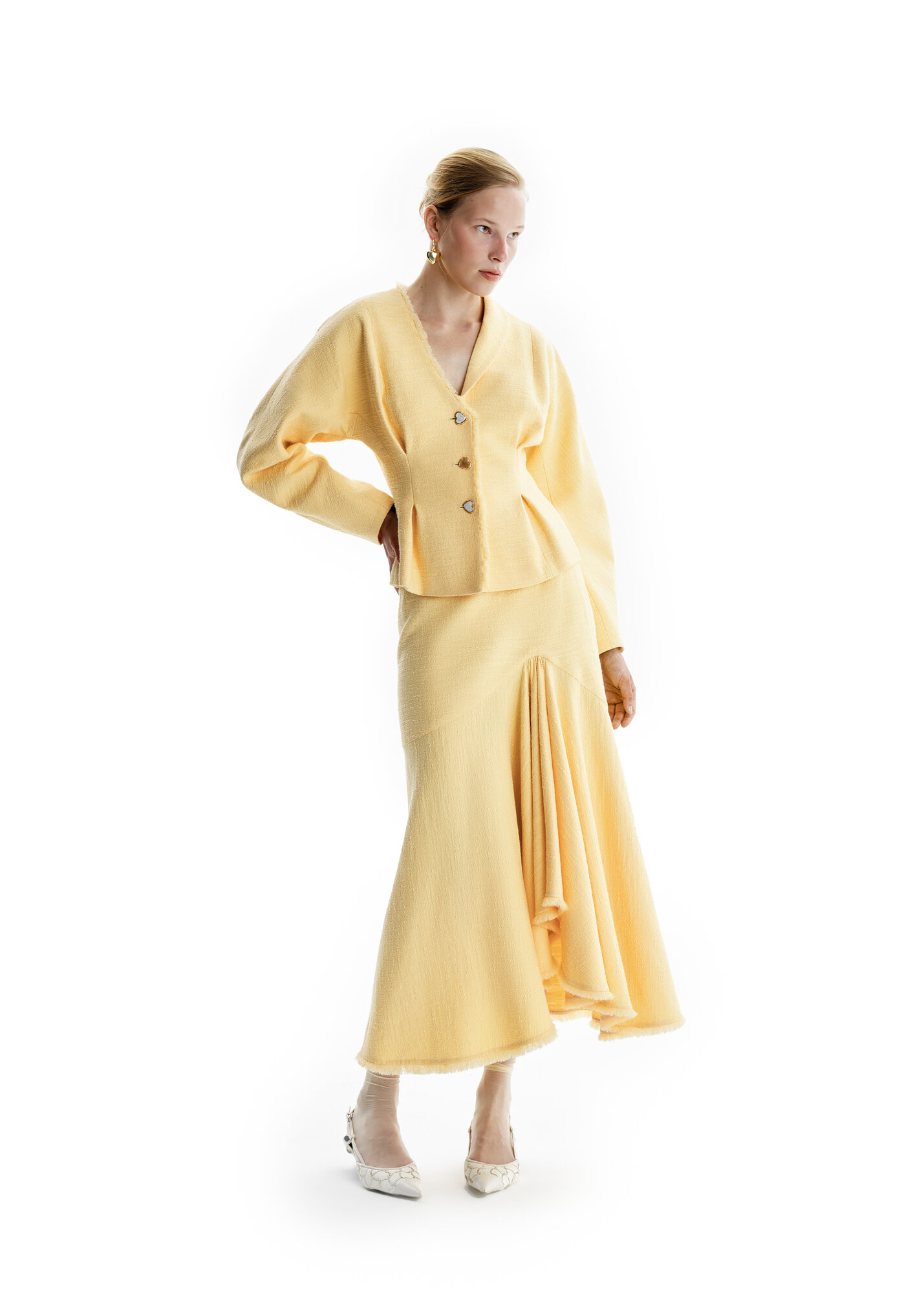 Юбка Banana Long, желтая, твидовая юбка-годе, миди со сборкой сбоку