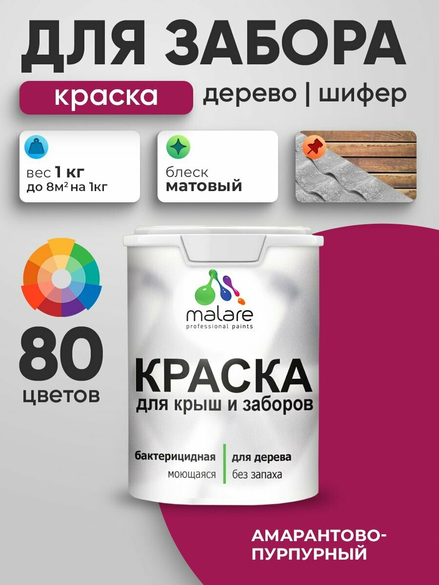 Акриловая краска Malare для деревянного забора/ по дереву для наружных и внутренних работ/ быстросохнущая моющаяся без запаха, матовая, амарантово-пурпурный, 1 кг.