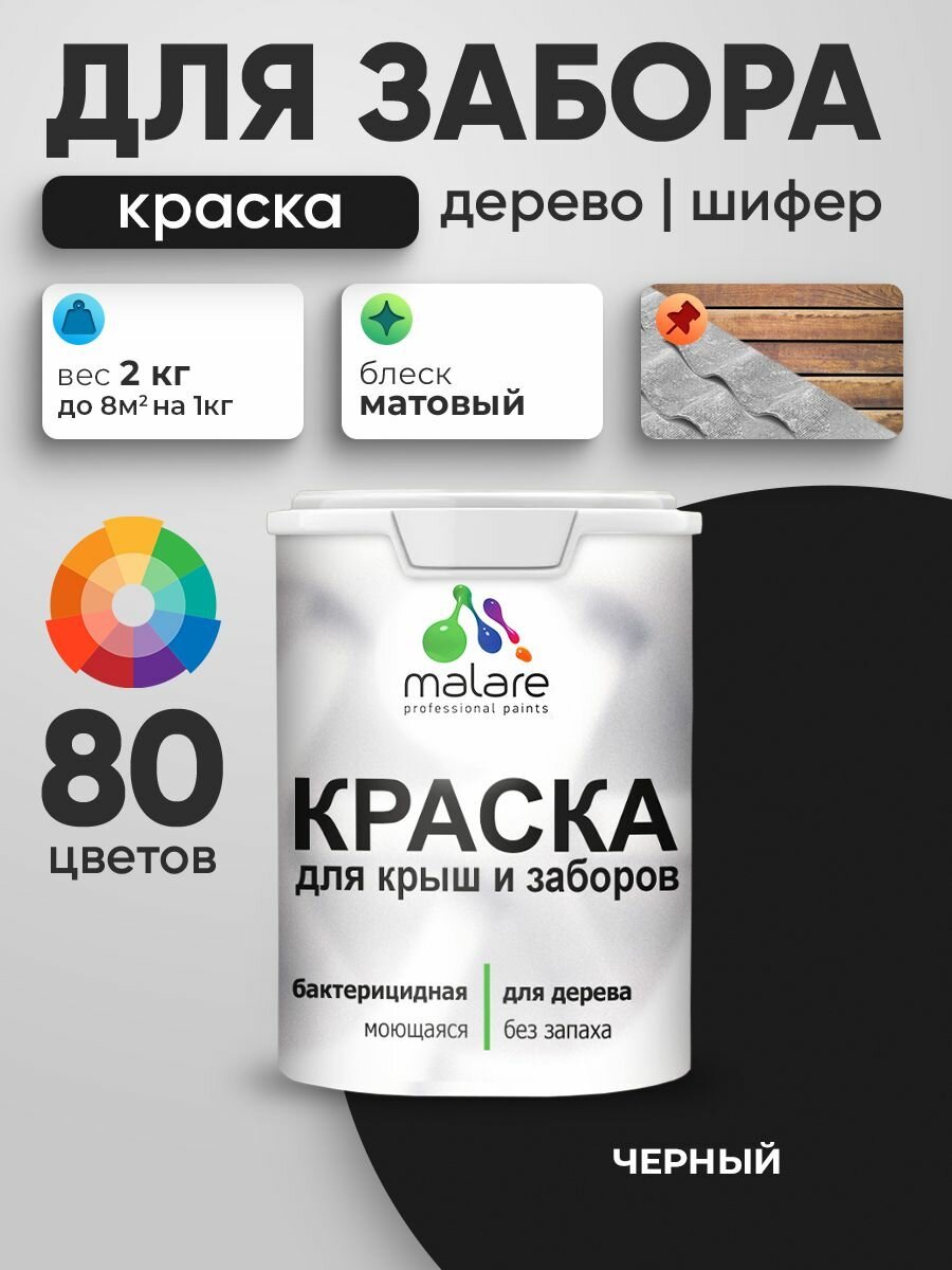 Акриловая краска Malare для деревянного забора/ по дереву для наружных и внутренних работ/ быстросохнущая моющаяся без запаха, матовая, черный, 2 кг.