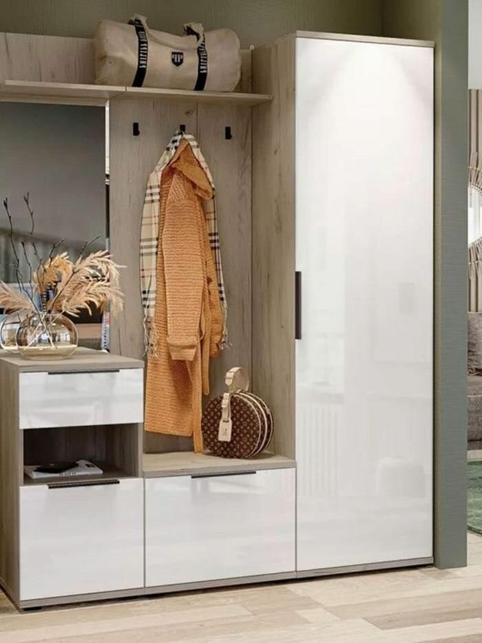 Прихожая комплект Элвин с обувницей, с зеркалом, 162.4х43.3х204.2 см, Дуб Крафт / Белый глянец