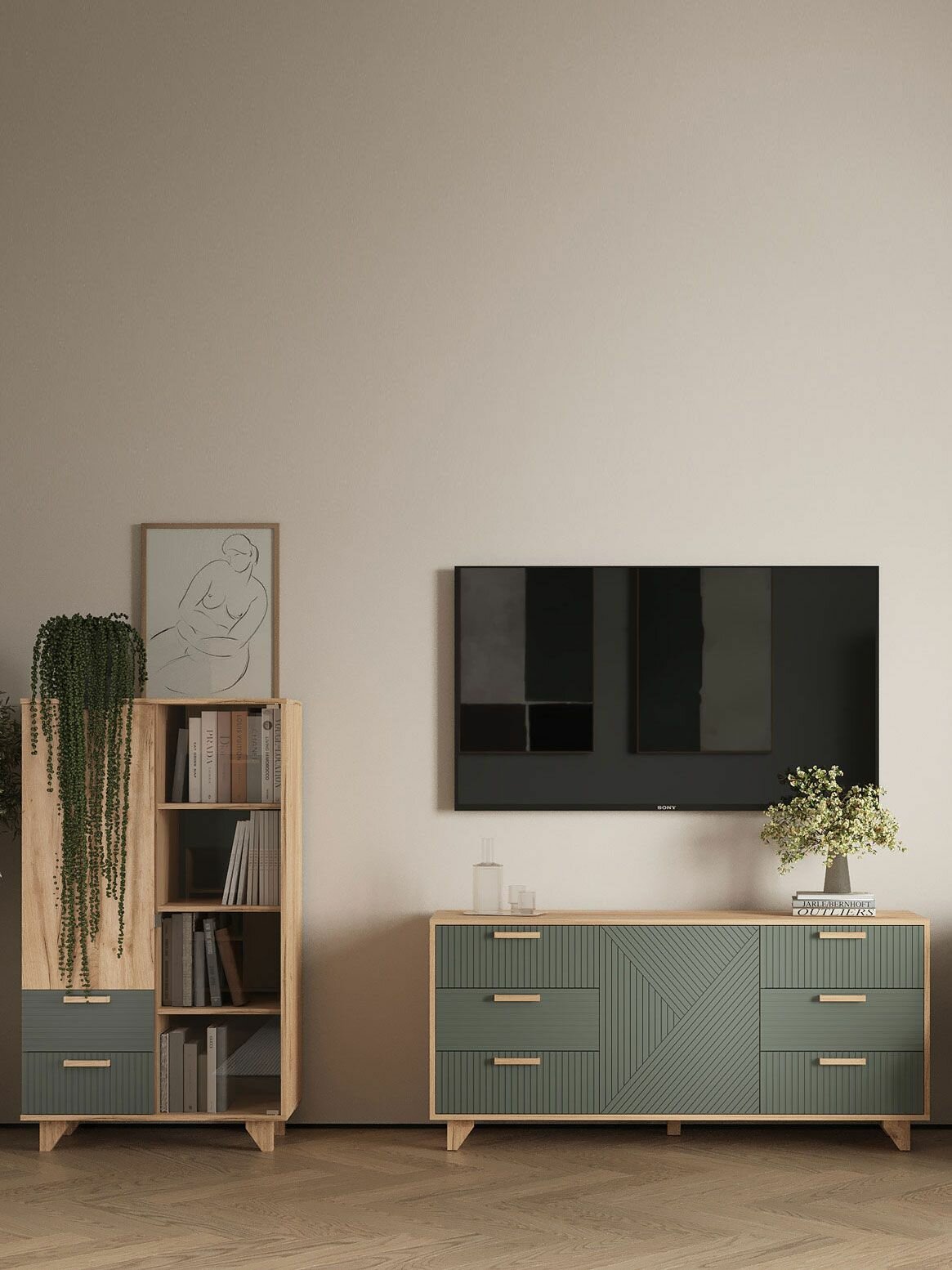 Гостиная комплект Ньерд, шкаф-витрина, комод, 230х41х137 см, Дуб Вотан / Можжевельник / Стекло