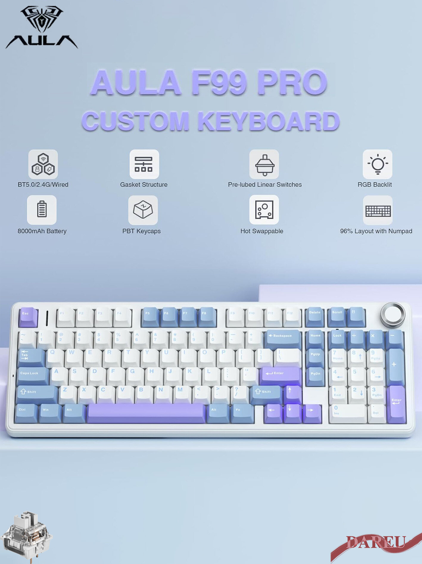 Беспроводная механическая клавиатура Aula F99 PRO, 98%, Bluetooth 5.0, 2.4Ghz, USB Type-C, Английская раскладка