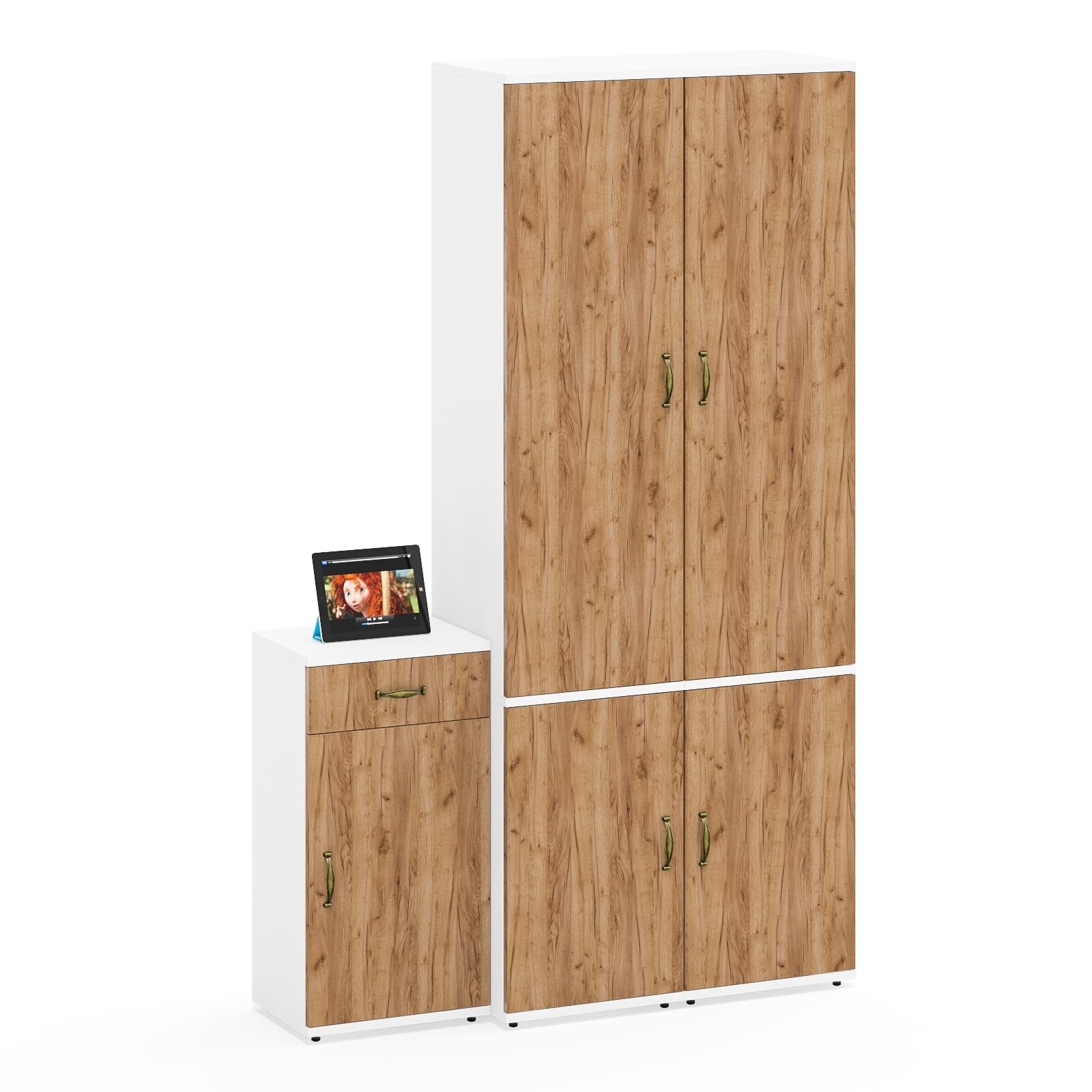 Пеналы с полками каждый по 5 полок Лидер-8 и тумба дверка и ниша, белый/крафт золото, 120х37,5х190 см.