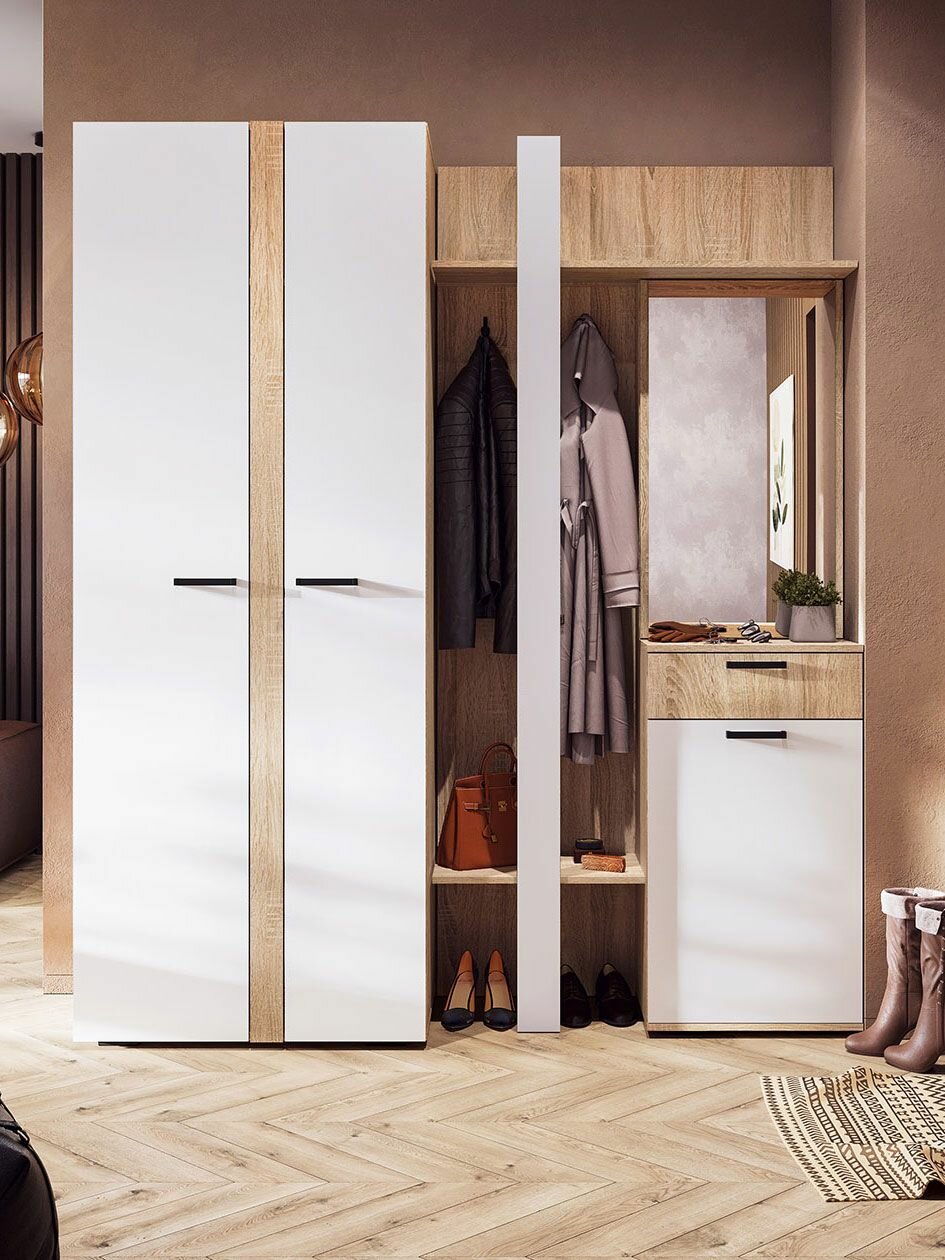Прихожая комплект Санса с вешалкой, со шкафом, с полкой, с зеркалом, 180x50x210 см, Дуб Сонома / Белый