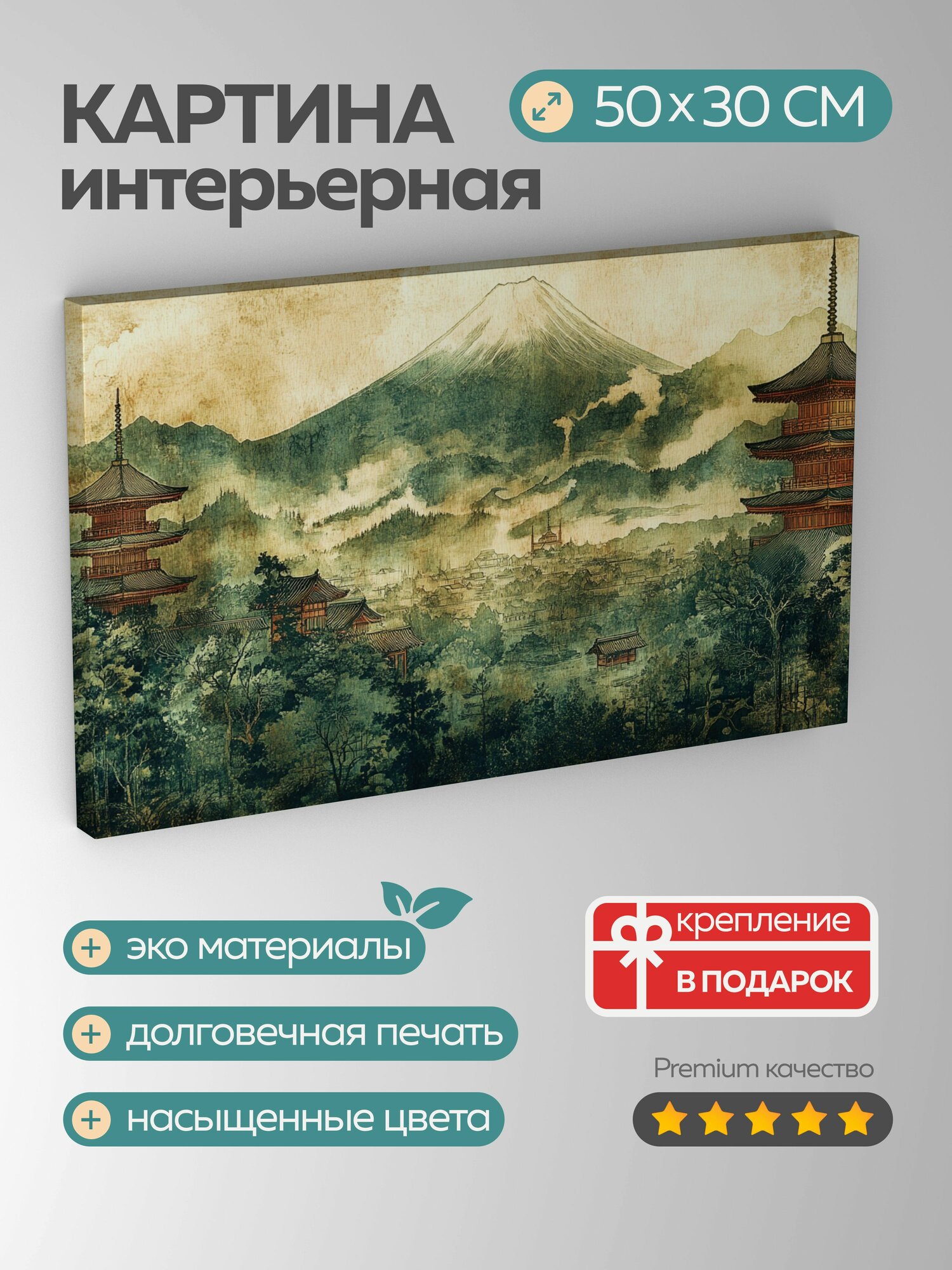 Картина на холсте интерьерная 50х30 см, Гравюра, гора Фудзи, пагоды, зелень, Япония, культурное значение, красные крыши
