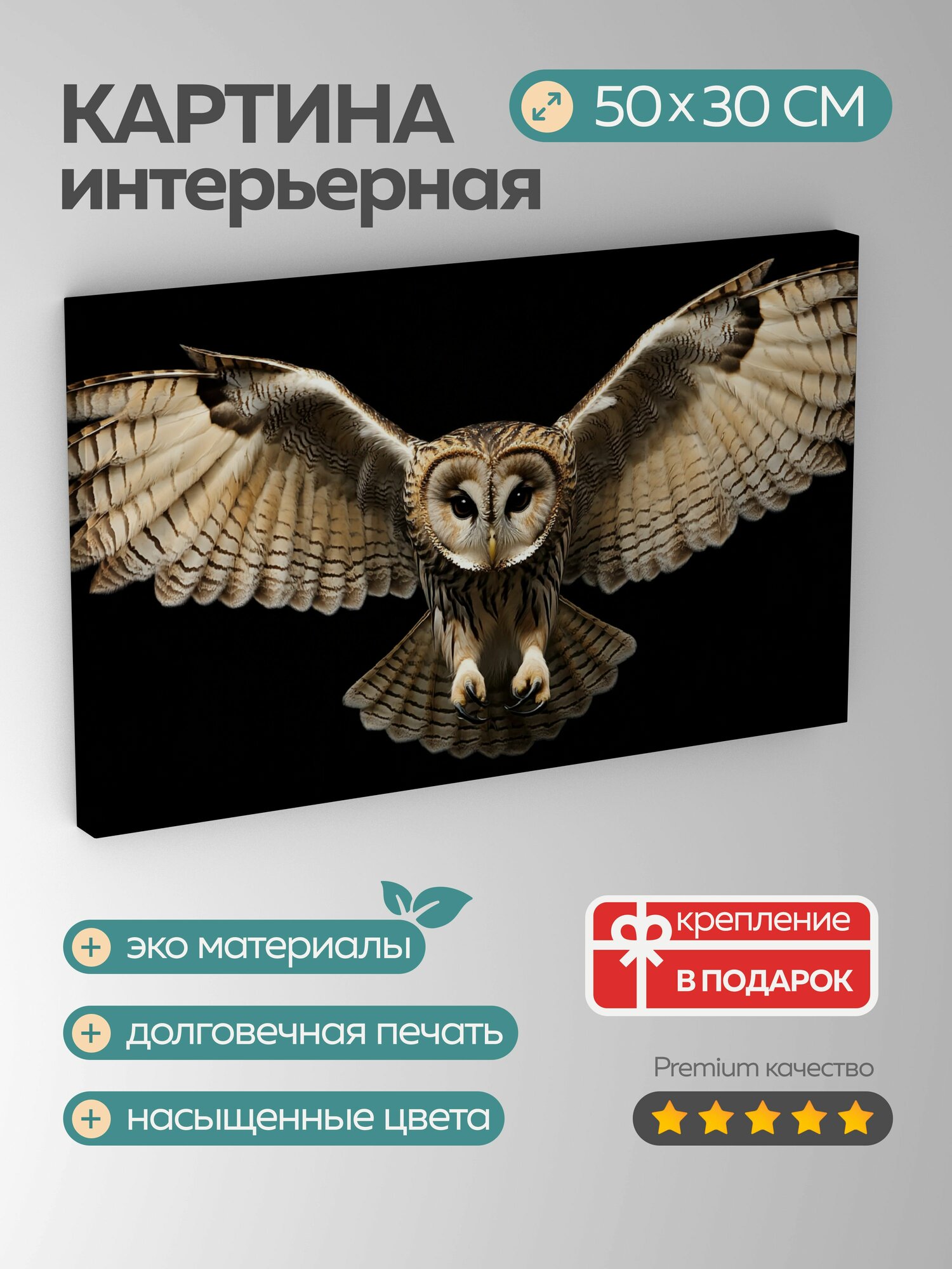 Картина на холсте интерьерная 50х30 см, сова, полет, крылья, перья, текстура, Canon EF 70-200mm, четкость, узоры