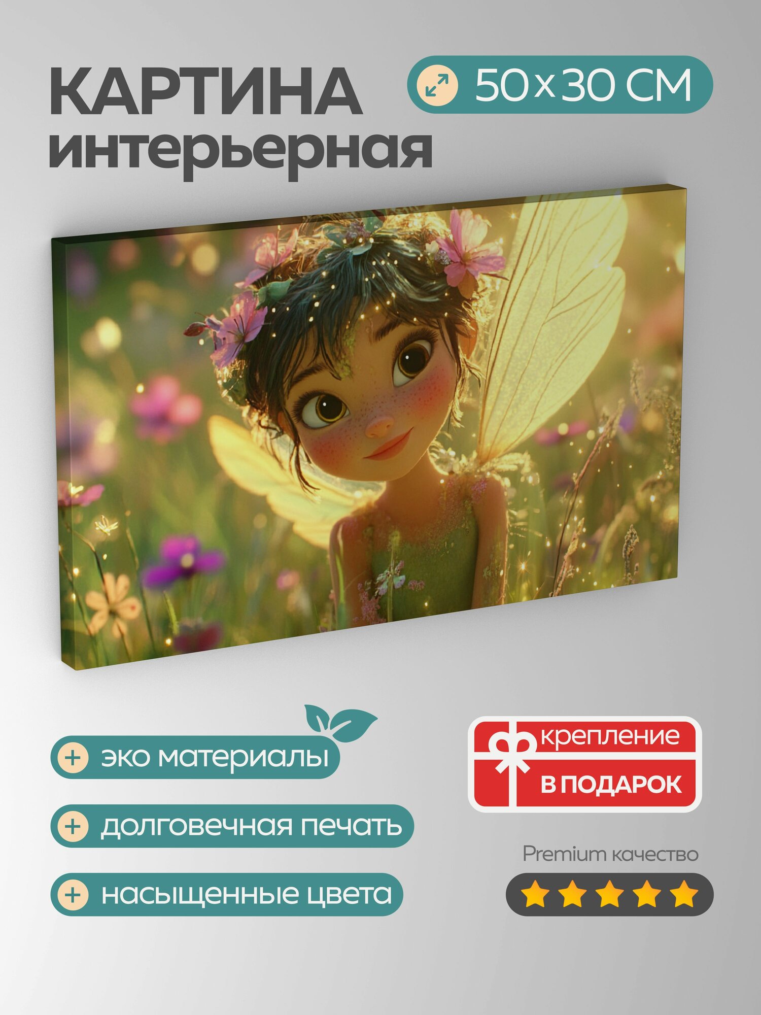 Картина на холсте интерьерная 50х30 см, фея, анимация, Дисней, озорная, очаровательная, фэнтези, яркие цвета, светлячки