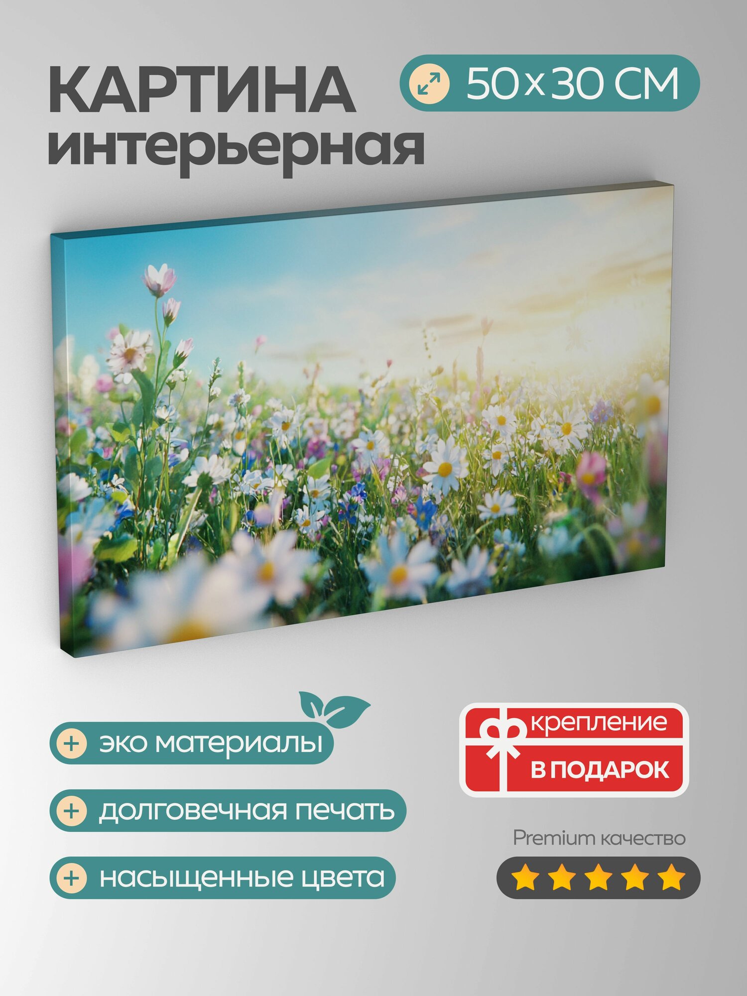 Картина на холсте интерьерная 50х30 см, весенний луг, полевые цветы, яркие краски, голубое небо, пробуждение природы