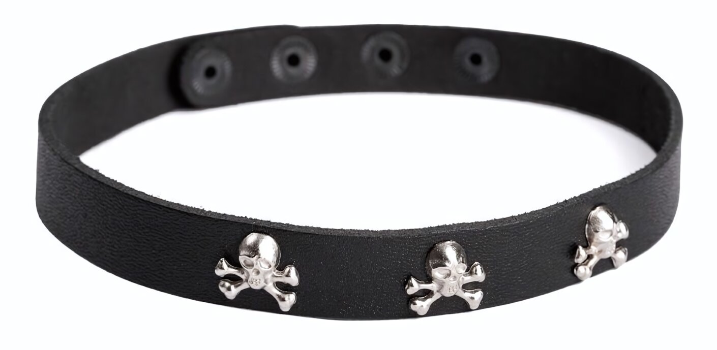 Кожаный чокер 'Веселый Роджер', черный с серебристым, регулируемый размер, натуральная кожа