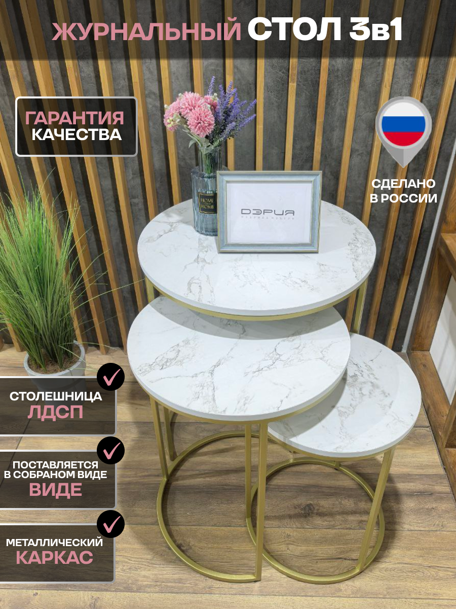 Комплект столов 3 в 1, для гостиной, журнальные, круглые, металлические, белые с золотом