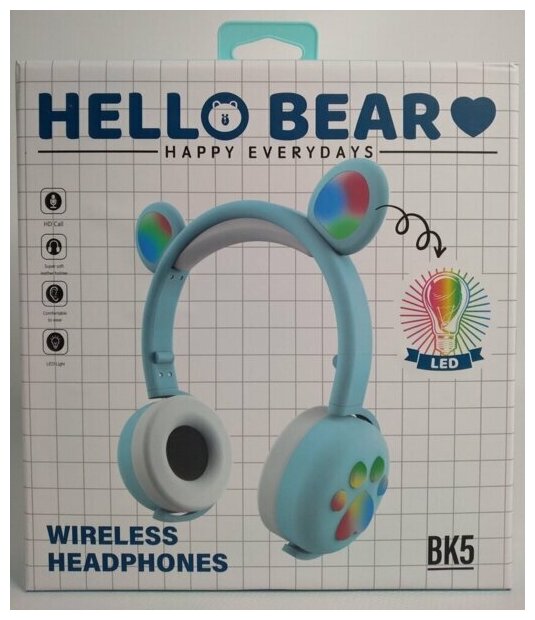 Беспроводные наушники с подсветкой/ Hello Bear BK5 / HD call / LED Light/ голубые