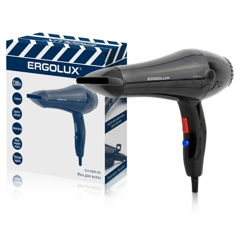ERGOLUX ELX-HD08-C02 черный промо (фен, 1200 Вт, 220-240В), цена за 1 шт.