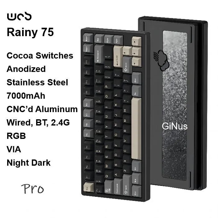 WOB Игровая клавиатура беспроводная Rainy75 Pro, NightDark, RGB, CocoaSwitches, Anodized, Английская раскладка, черный матовый, черный