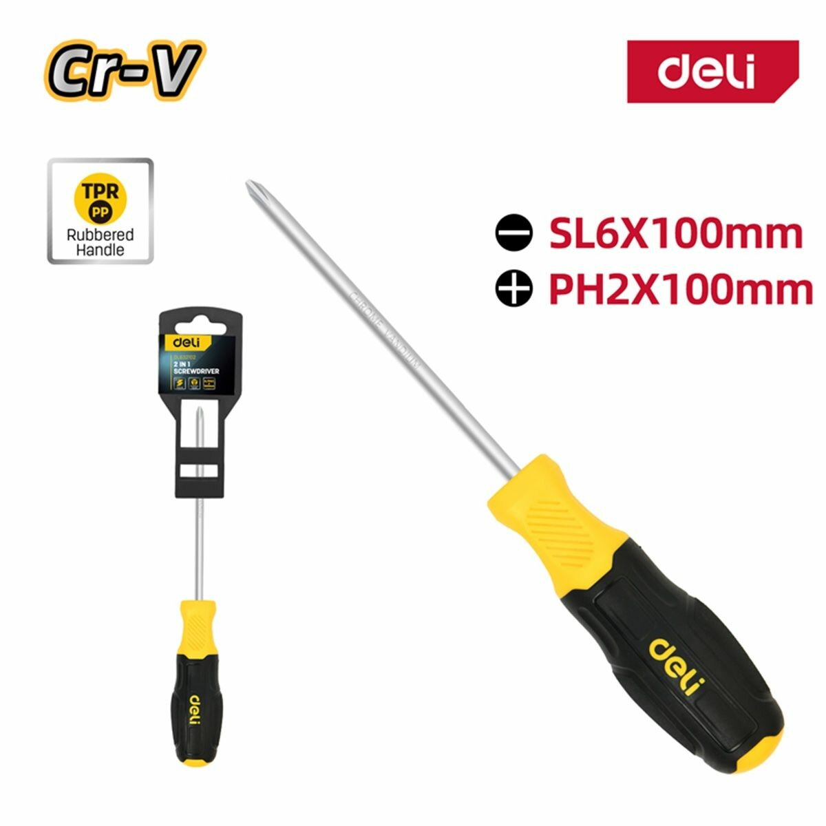 Двухсторонняя отвертка PH2+SL6x125мм Deli DL632102 сталь Cr-V, двухкомпонентная прорезиненная рукоять