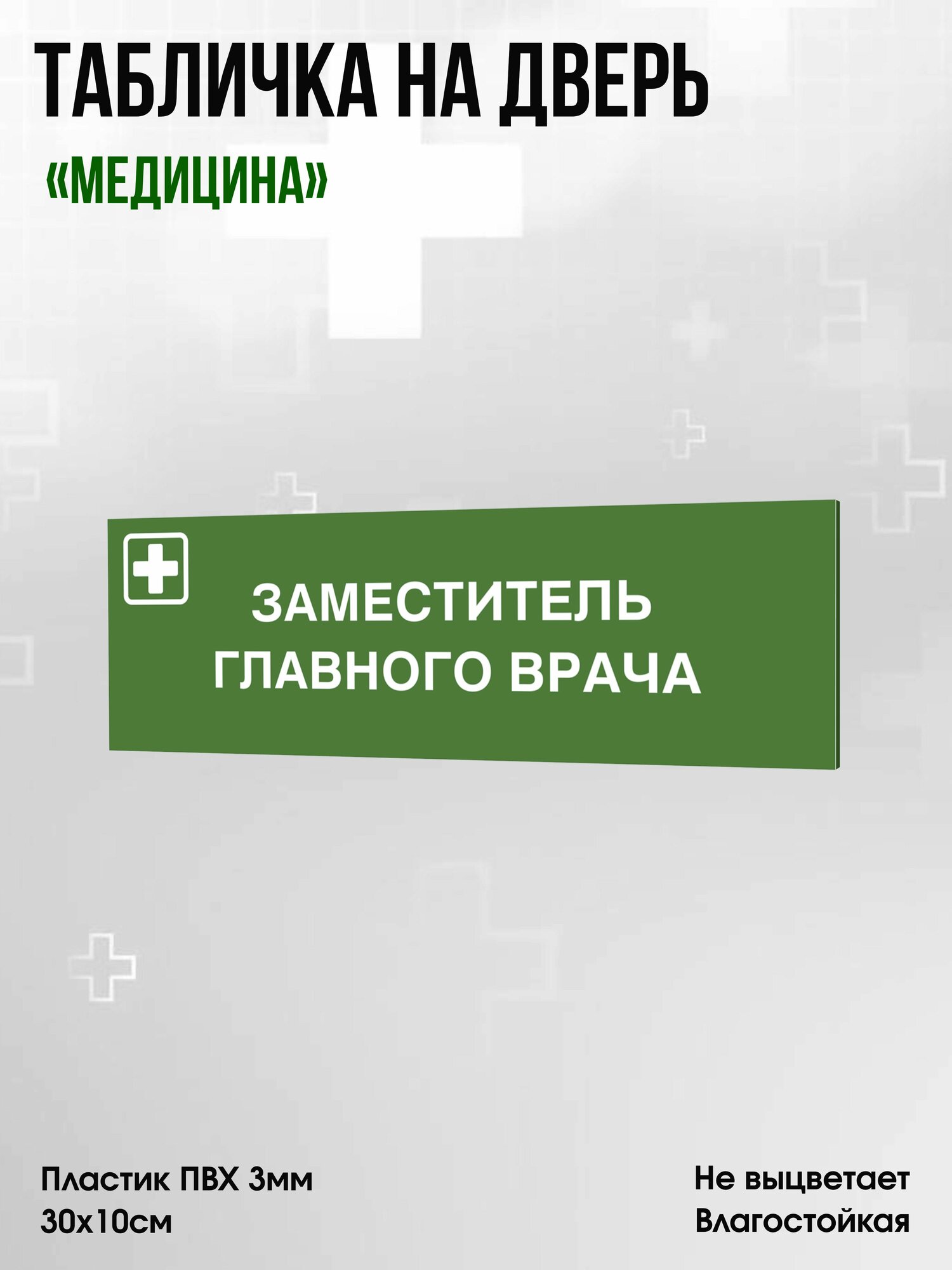 Табличка Заместитель главного врача, зеленая, 30х10см, ПВХ пластик, на дверь, для медицинской клиники или больницы