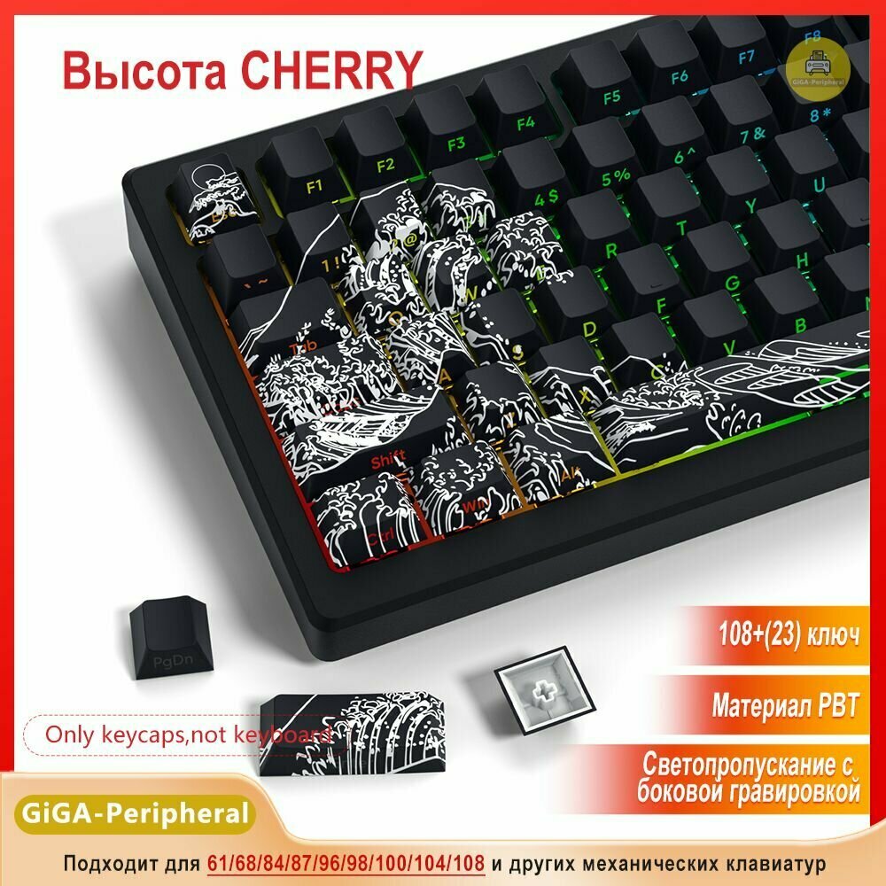 Кейкапы CHERRY для механической клавиатурыХудожественная текстура для резьбы, материал PBT, пятисторонняя сублимация, 131 полупрозрачный символ с боковой гравировкой