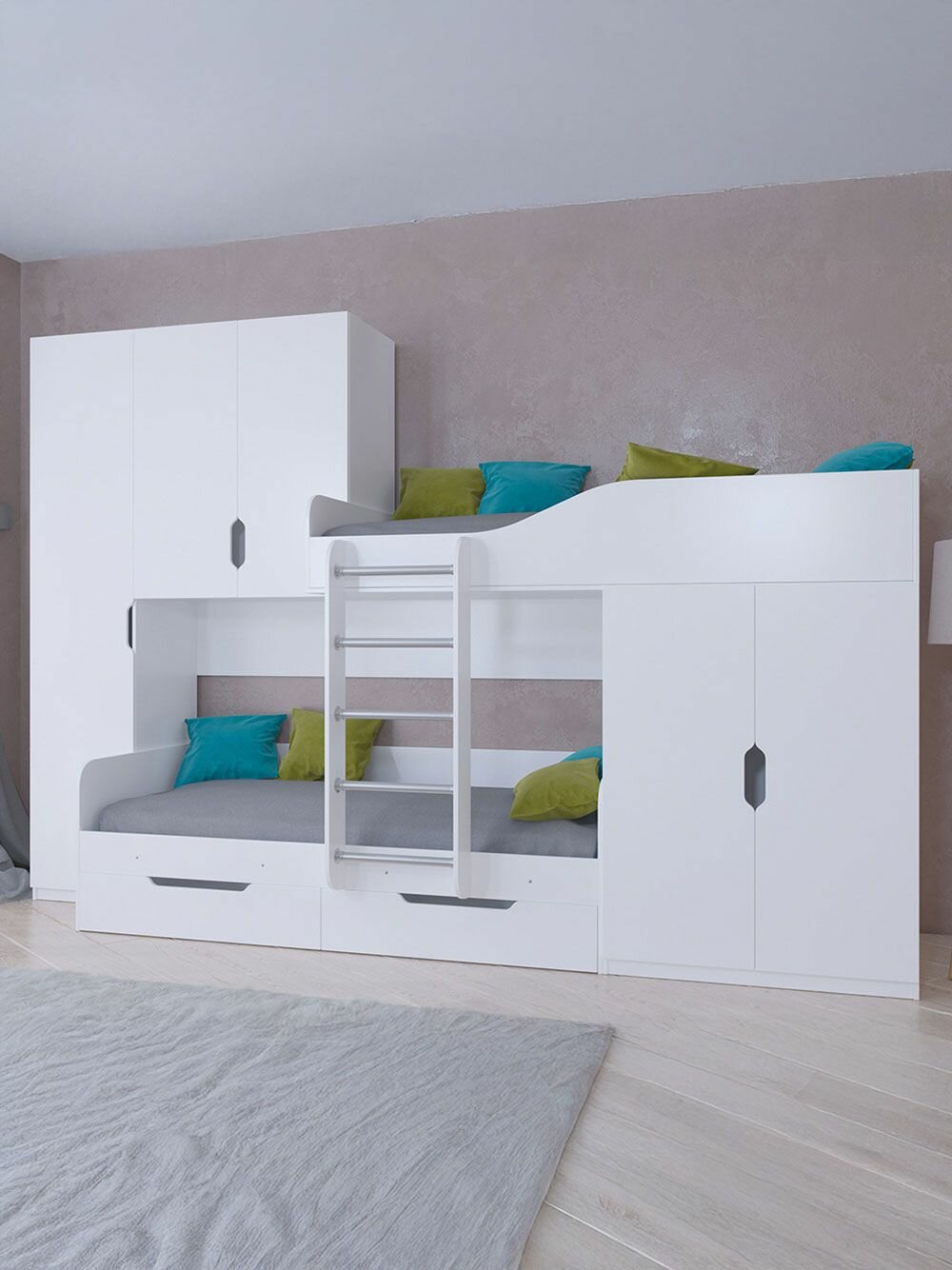 Двухъярусная кровать Лео 80х190 см, с основанием настил, со шкафами, с ящиками, с бортиками, Белый
