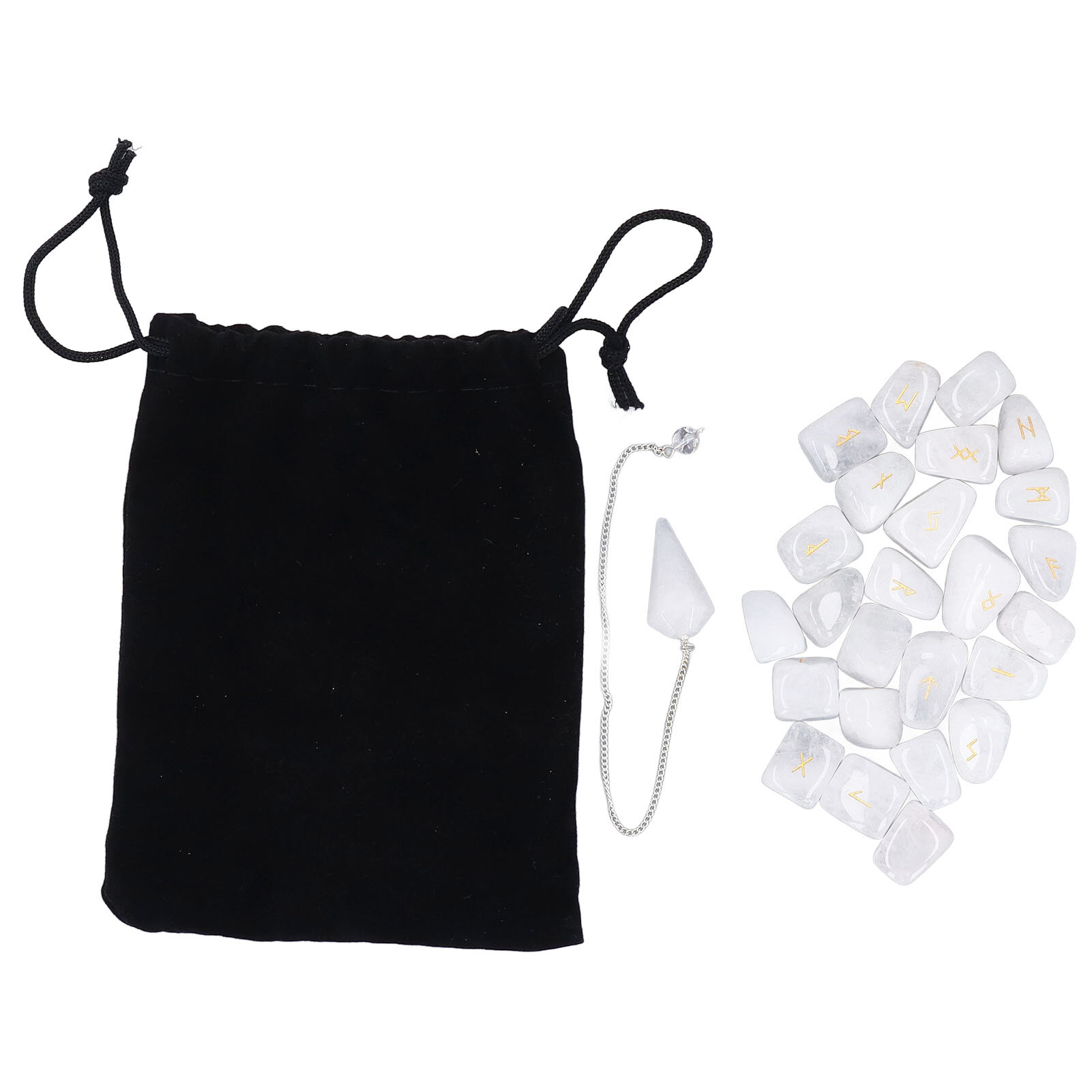 Набор из 25 рунических камней с мешочком для маятника. Рунические камни для гадания, медитации, на удачу, белого цвета.