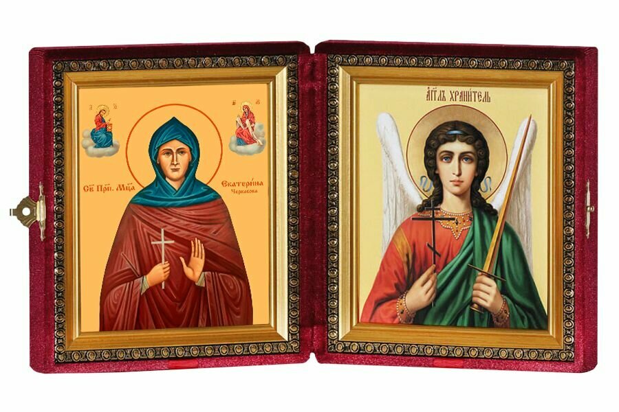 Икона Складень Екатерина Черкасова, Преподобномученица и Ангел Хранитель в бархатном футляре, 10х11 см