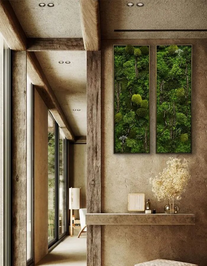 Модульная картина "На опушке" Диптих из стабилизированного мха и растений, Кедр. 117*40 см.