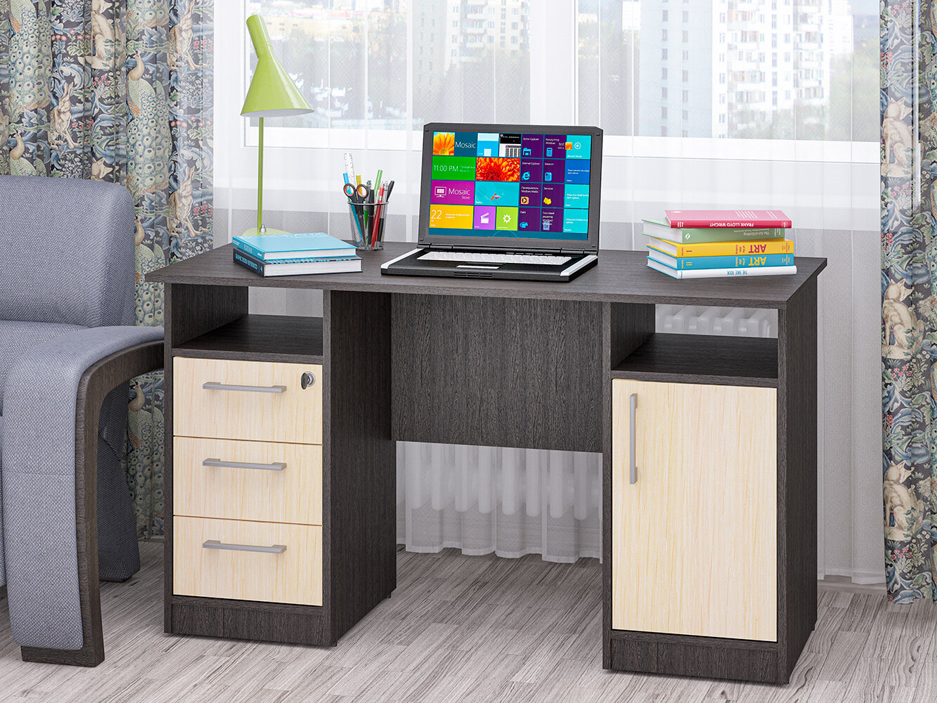 Стол письменный МК"Пирамида" Фронда-4 с 3мя ящиками, цвет венге/молоко, 75х130х60 см