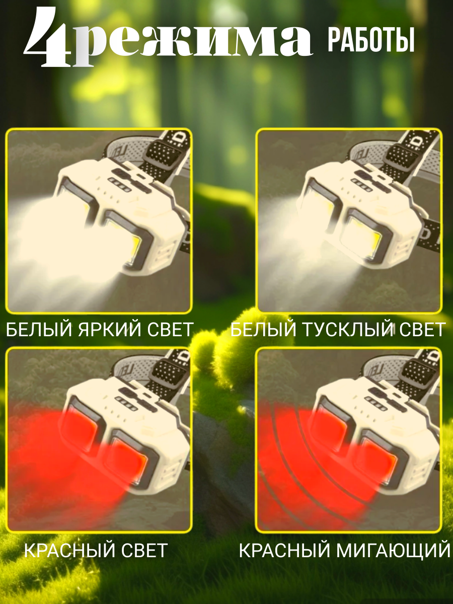 Налобный фонарь с сенсорным управлением, датчиком движения, 2 диодами, сверхмощным сменным аккумулятором, 4 режима