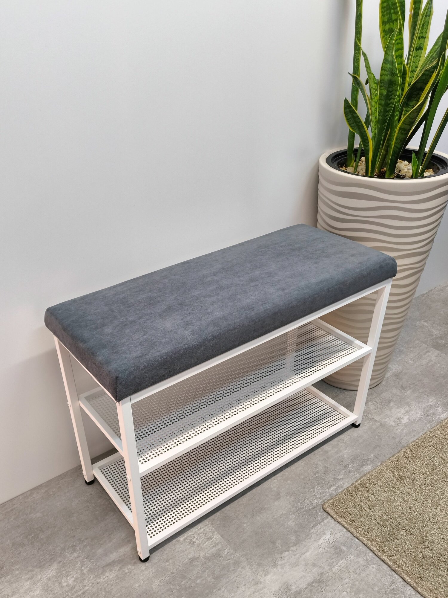 Обувница для прихожей "Дия" 2 полки / 51х31х53см / белый каркас - серо-голубой велюр