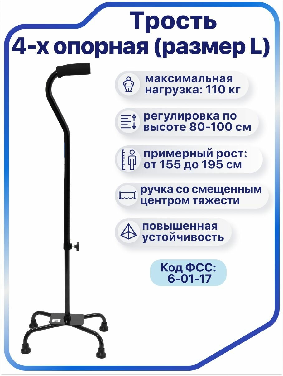 Трость четырехопорная для пожилых C Qlever с большой опорой (L): 31х20 см (для ходьбы, для пожилых людей и инвалидов)