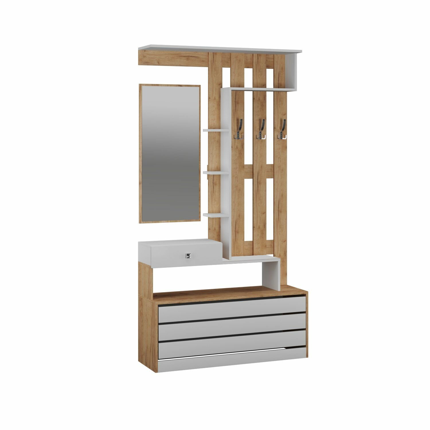 Прихожая Ямайка центральная секция дуб крафт золотой/белый ЛДСП с ящиками, крючками, зеркалом 1100х350х2100 тэкс