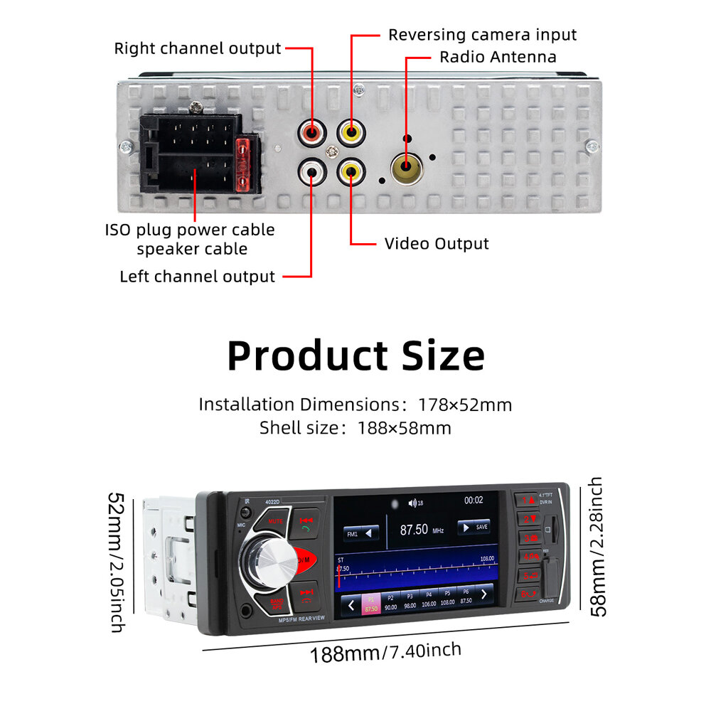 4,1-дюймовый автомобильный стереоплеер с одним din-дисплеем, поддержкой BT MP5, FM-радиоприемником, поддержкой воспроизведения TF/U-дисков, функцией громкой связи, функцией обратного изображения и управлением с рулевого колеса