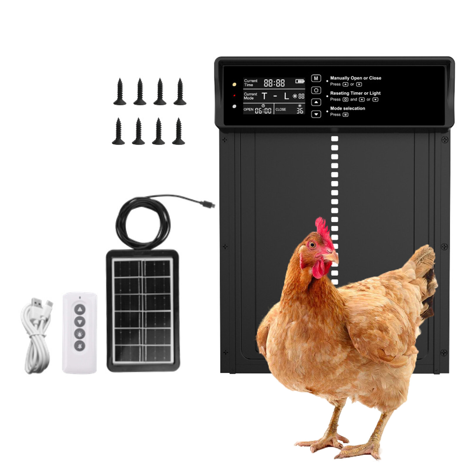 Автоматическая дверь для курятника с питанием от солнечной батареи, ЖК-дисплей, автоматическая дверь для кур с таймером и датчиком защиты от защемления, водонепроницаемая алюминиевая дверь для кур с дистанционным управлением