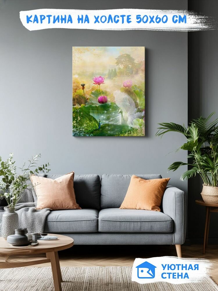 Картина на натуральном холсте Уютная стена "Павлины и лотосы" 50х60 см