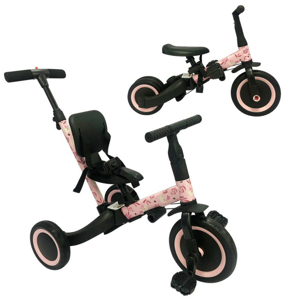 Детский беговел-велосипед 4в1 с родительской ручкой, розовый с рисунком - TR007-PINK-PAINT