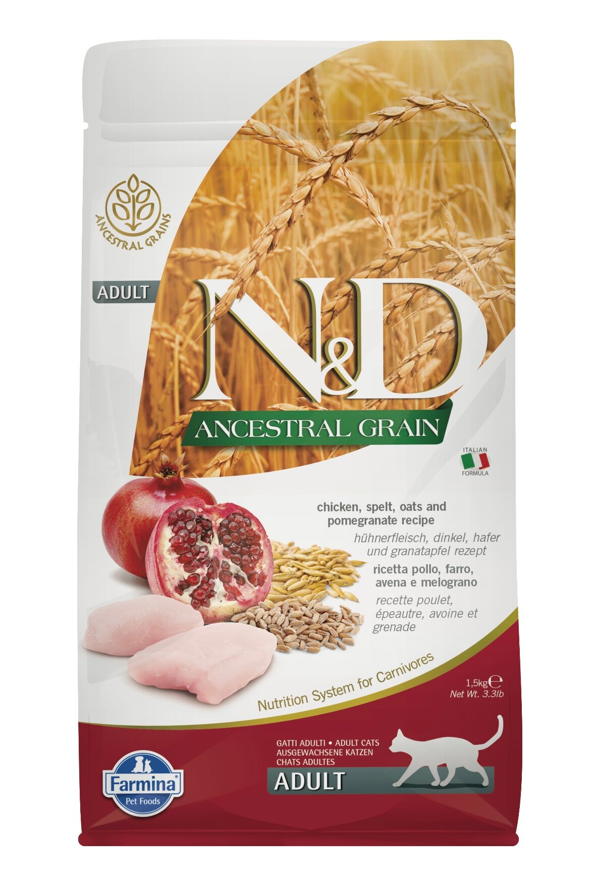 Корм сухой FARMINA ND ANCESTRAL GRAIN CAT Chicken Pomegrante Adult для взрослых кошек с курицей и гранатом, 1,5кг