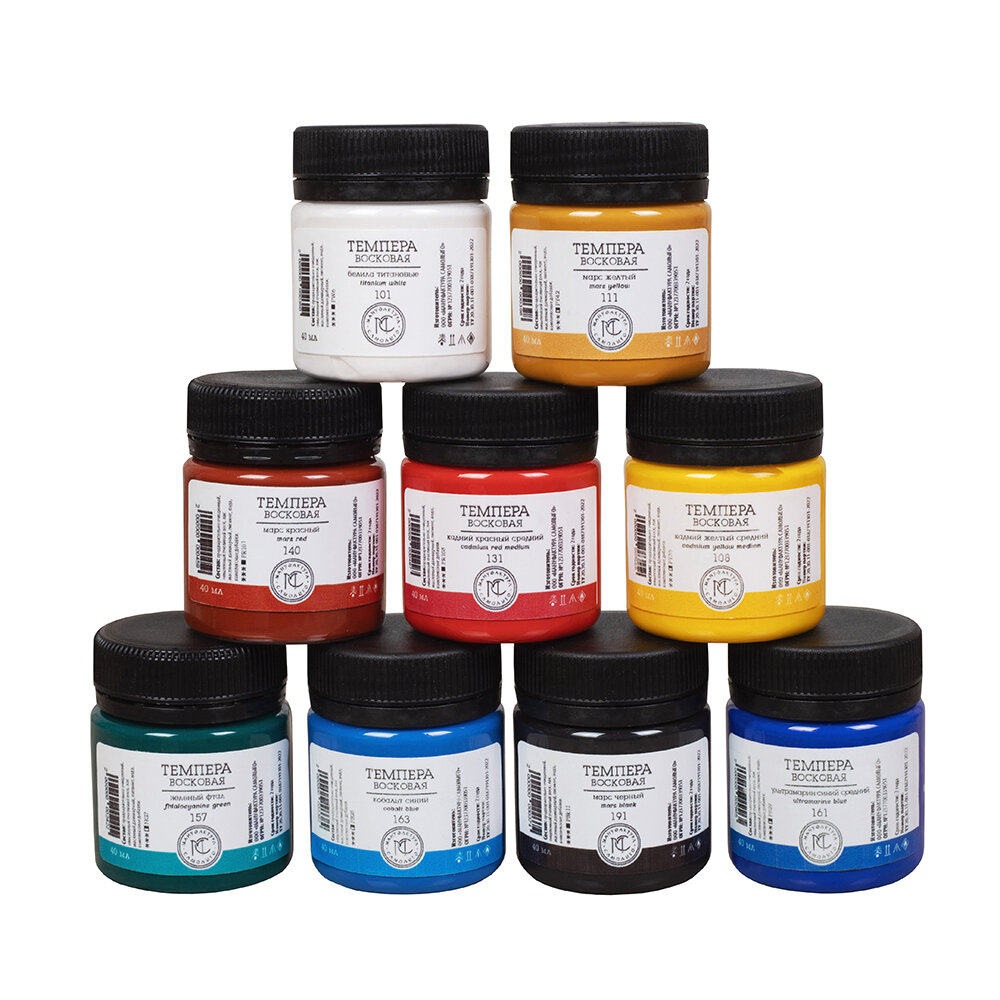 Краски для живописи темпера восковая, Набор №1, 9 шт по 40 мл, Мануфактура Самолыго.