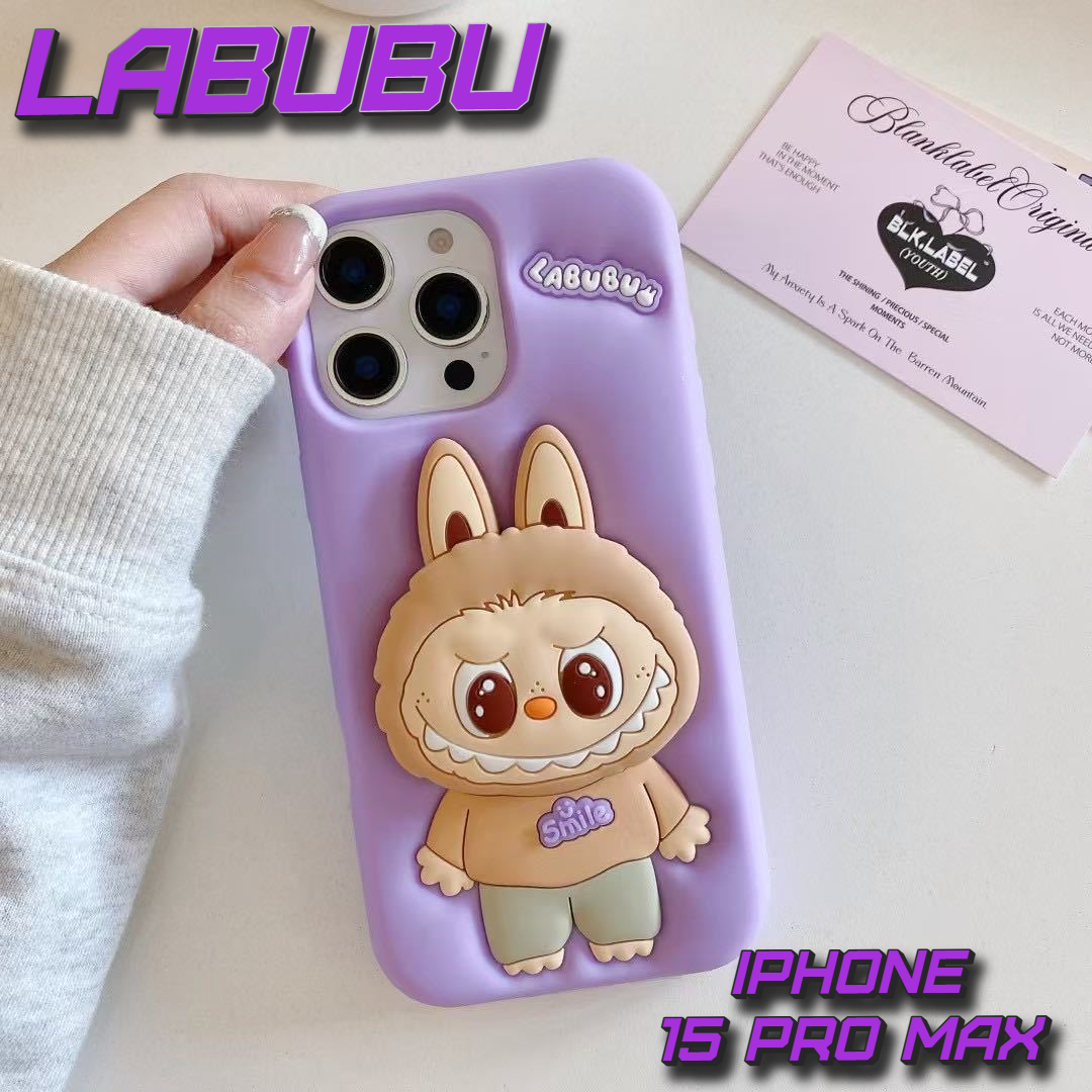 Чехол силиконовый для iPhone 15 Pro Max Labubu с PopSocket защитный, Сиреневый