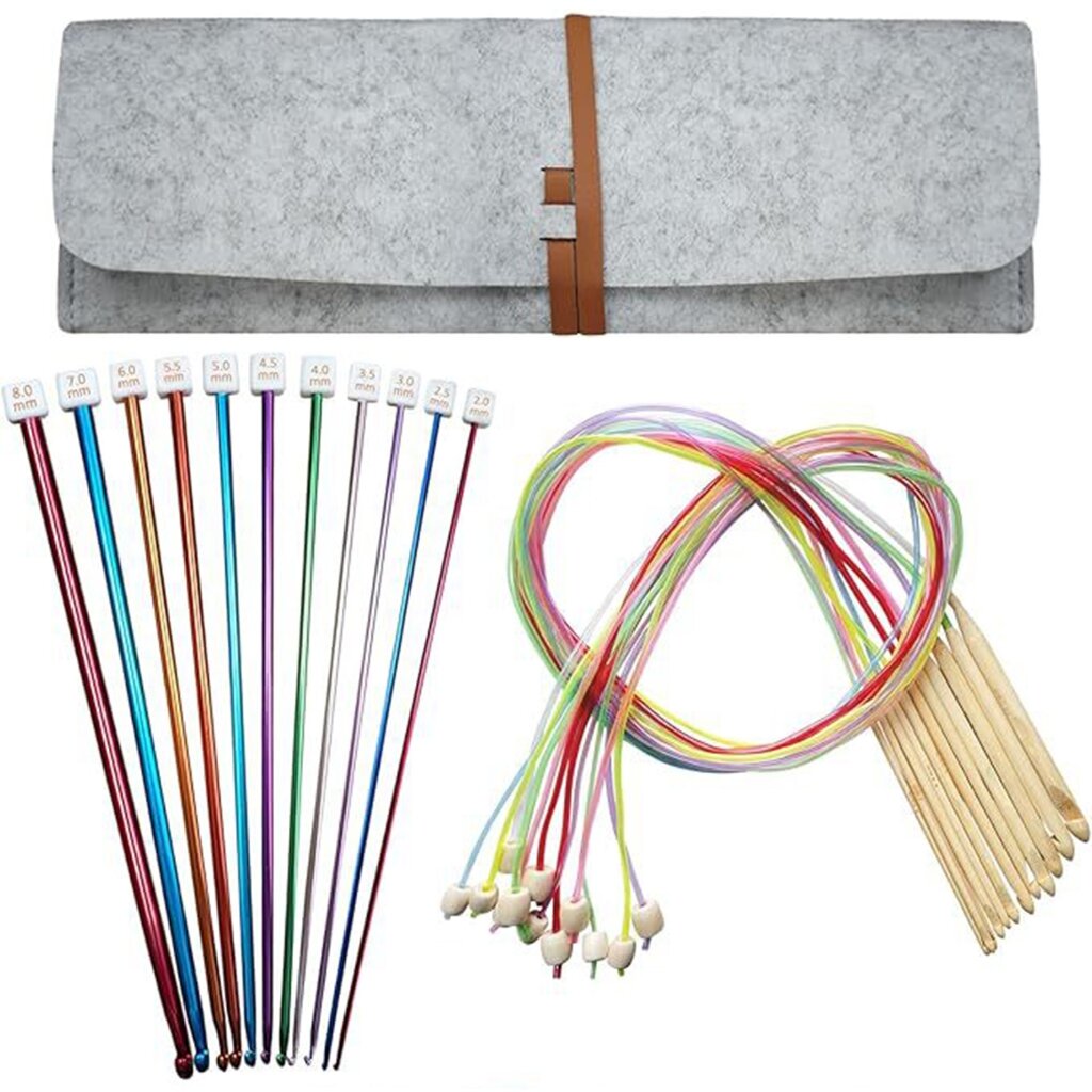 12 деревянных крючков для тунисского вязания (3-10 мм) с бусинами для кос, 11 алюминиевых спиц для афганского вязания (2-8 мм).