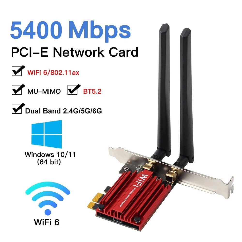 Трехдиапазонный беспроводной адаптер PCIE WiFi 6E 5400 Мбит/с 2,4G/5G/6Ghz, совместимый с сетевой Wi-Fi-картой Bluetooth 5,2 для ПК Win 10/11 MT7921, WIFI 6 PCE-AX3000