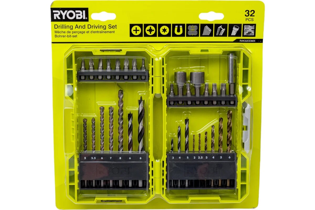 Ryobi Набор бит и сверел RAK32DDMIX 5132004425 для древесины и металла, надёжный