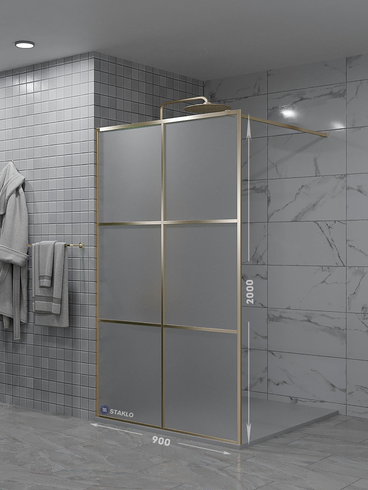 Loft душевая одиночная перегородка staklo 90x200 из матового осветленного стекла бронза фурнитура