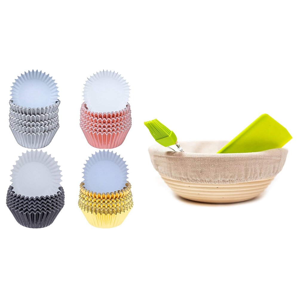 400 шт. формочек для выпечки кексов, формочек для угощений и 1 набор из 4 шт. 9-дюймовых корзинок для расстойки хлеба - натуральный ротанг с тканевой подкладкой, корзина для расстойки хлеба