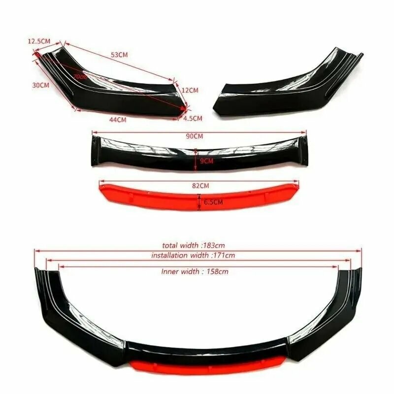 KNOW EASY-Накладка губа (сплиттер юбки) универсальная на передний бампер 4 части/1.71m Глянцевый черный с красным