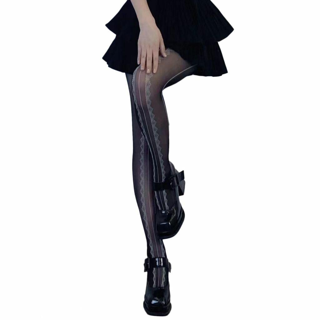 Кружевные чулки-колготки-черно-белая свисающая нить