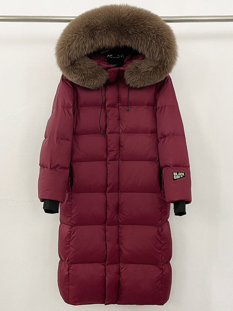 2025 г. Новая утолщенная куртка-пуховик для женщин, длинная, черная, золотая и белая, из утиного пуха, высококачественная зимняя куртка с большим меховым воротником, защищающая от холода