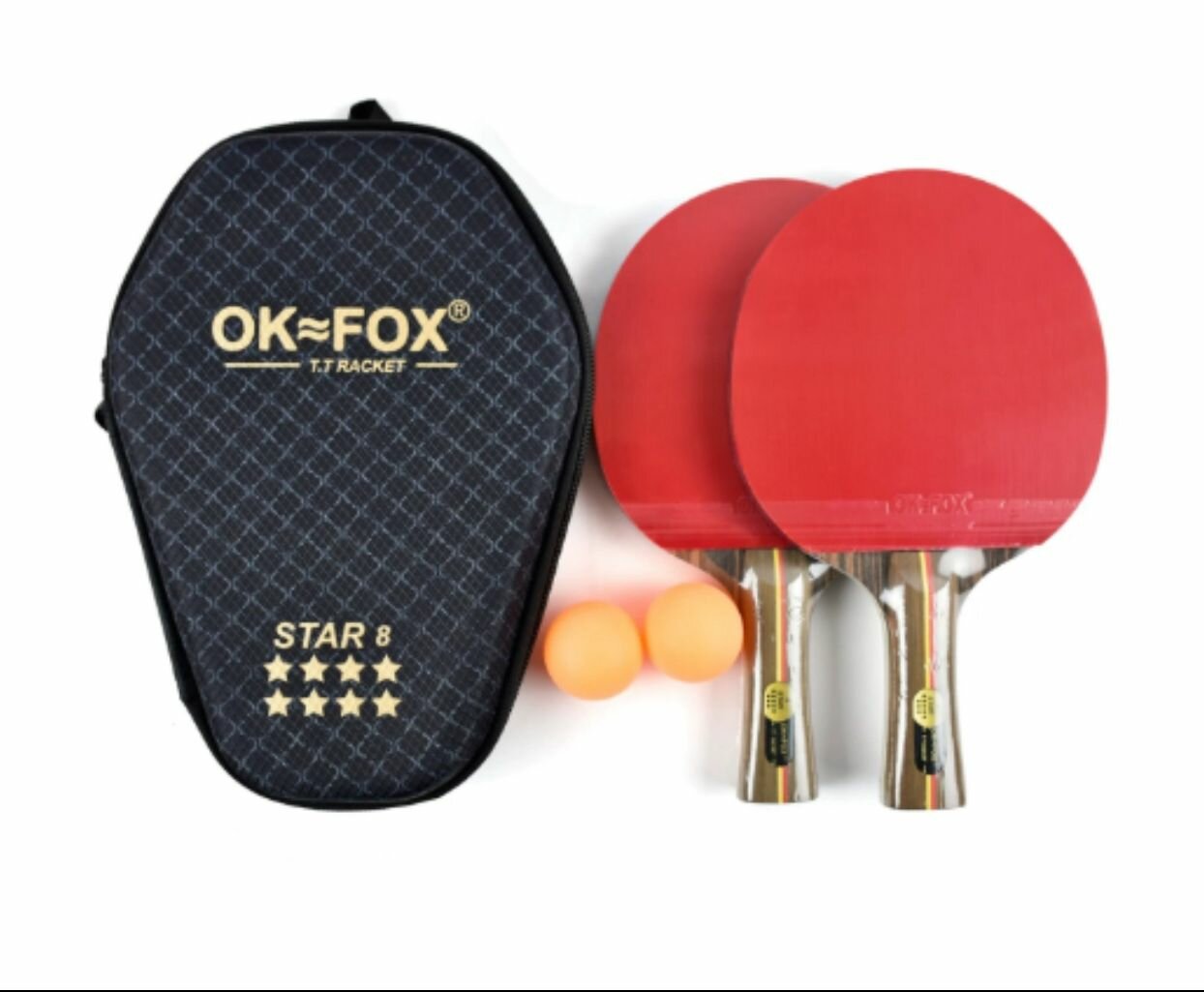 Набор для настольного тенниса (2 ракетки + 2 шара) в чехле, OK~FOX, 8 STAR.