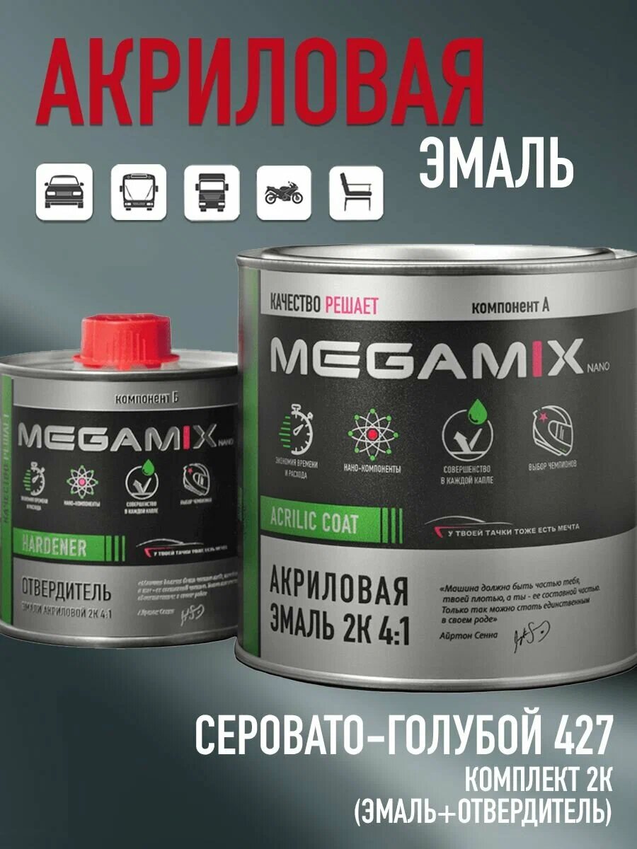 Акриловая краска автомобильная 2К 4:1 427 Серовато-голубой, Комплект (эмаль 840 мл и отвердитель 210 мл), MEGAMIX