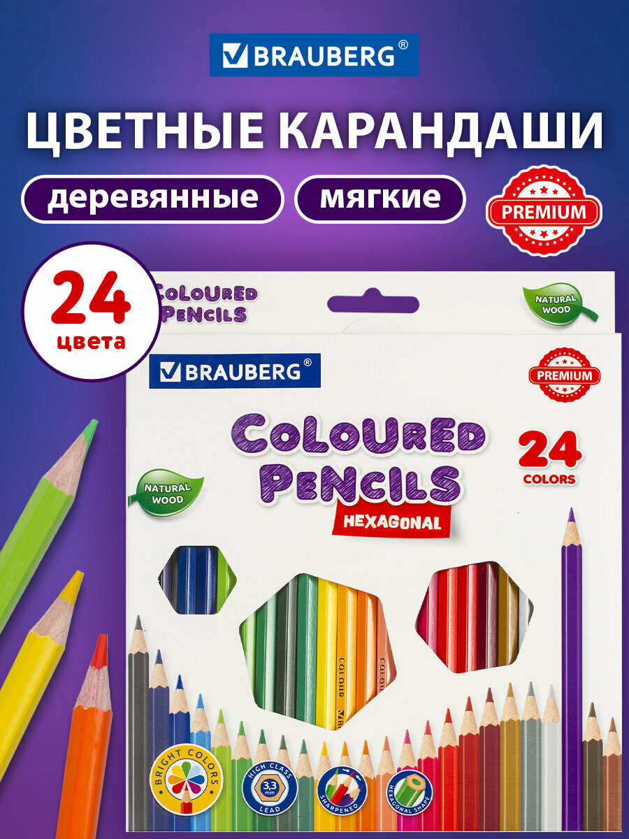 Карандаши деревянные цветные для рисования Brauberg Premium, 24 цвета, шестигранные, грифель мягкий 3,3 мм, натуральное дерево, 181658