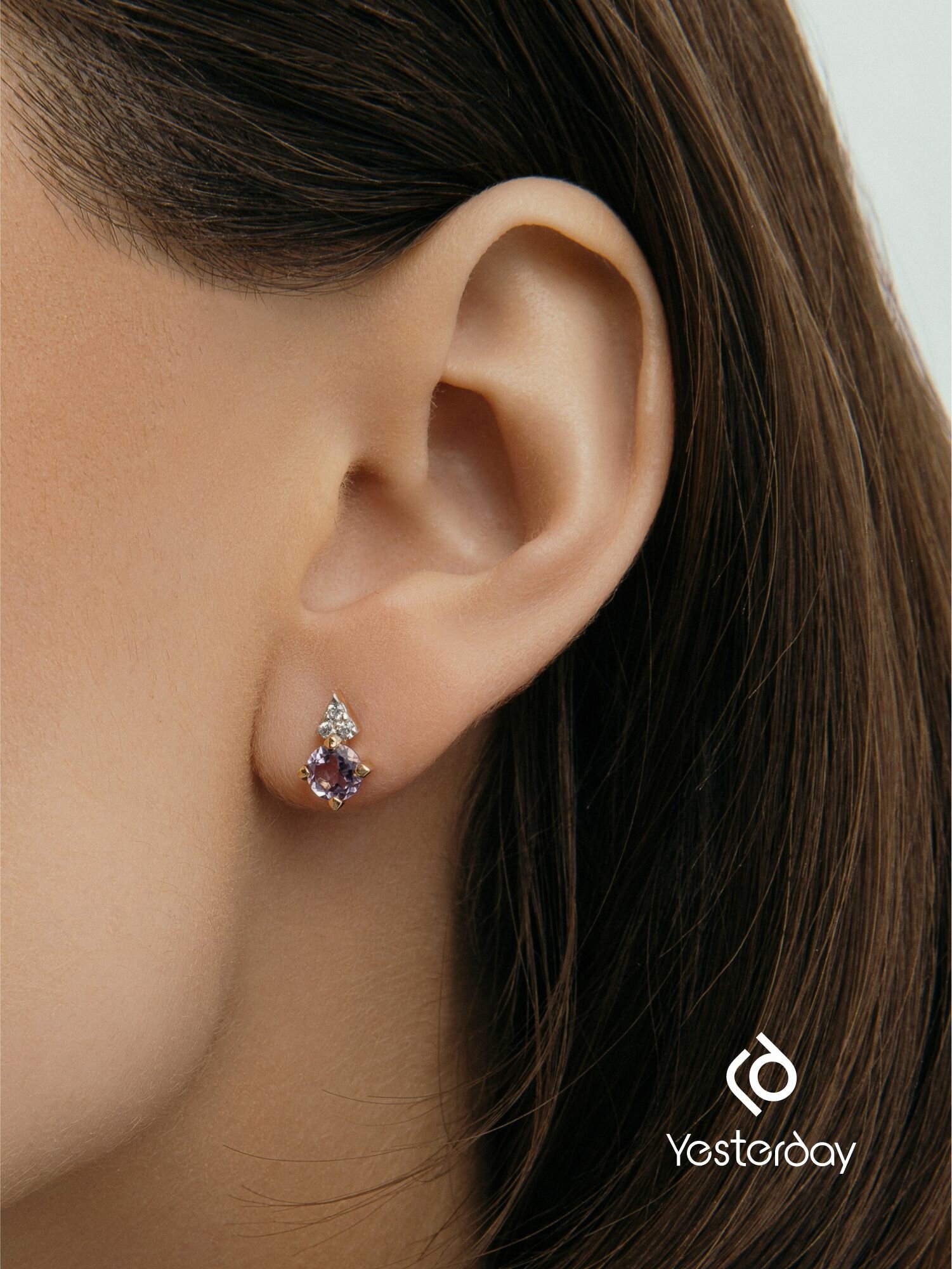 Серьги пусеты, красное золото, 585 проба, фианит, аметист