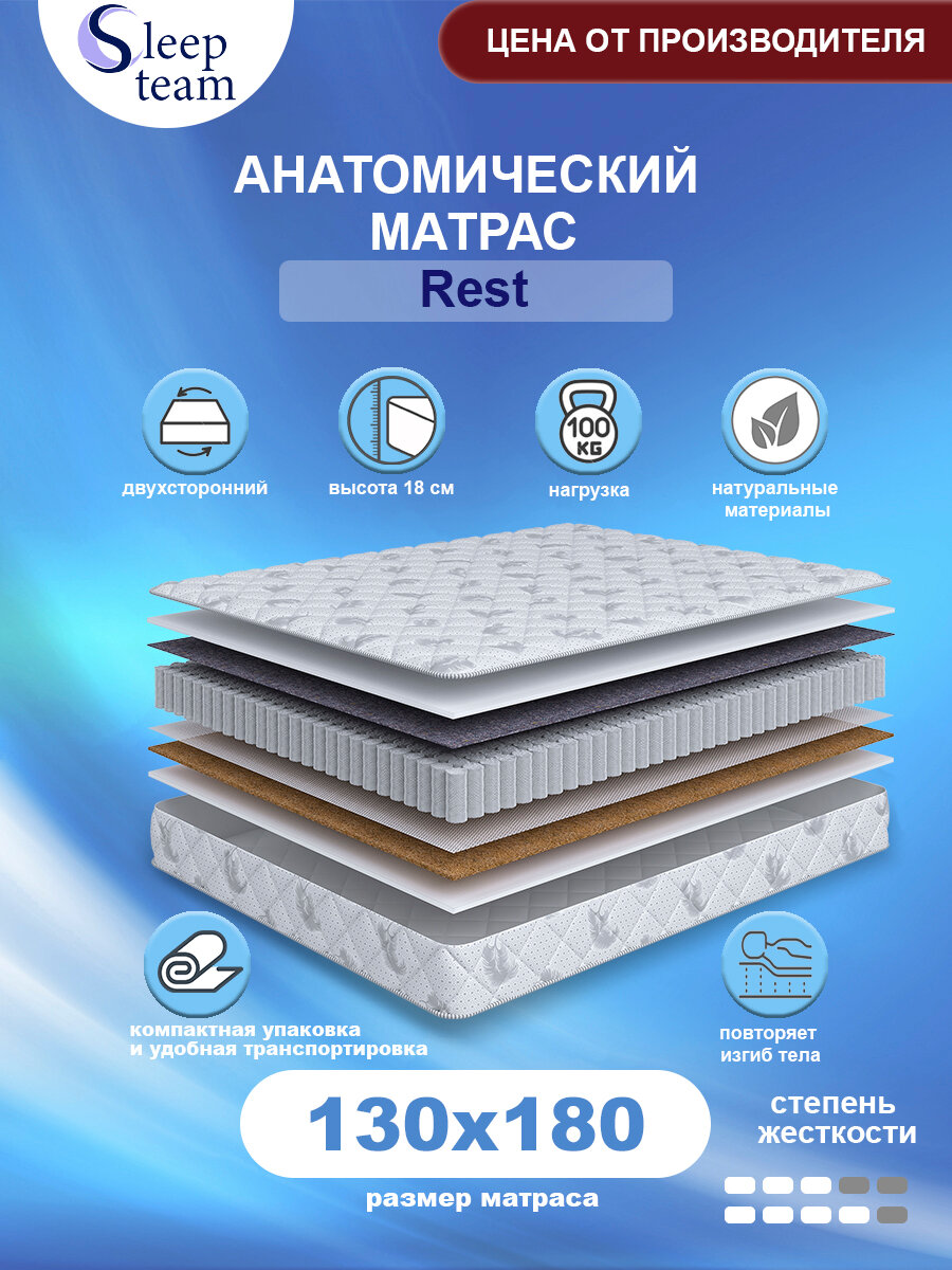 Матрас пружинный SleepTeam Rest 130х180, с независимыми пружинами, высота 20 см, полутороспальный